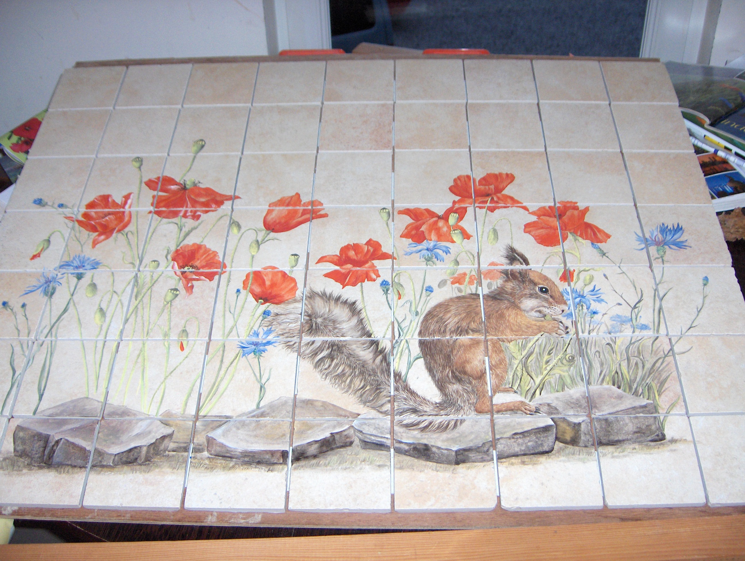 Maryline Garbe, hand painted tiles for kitchen and bathroom